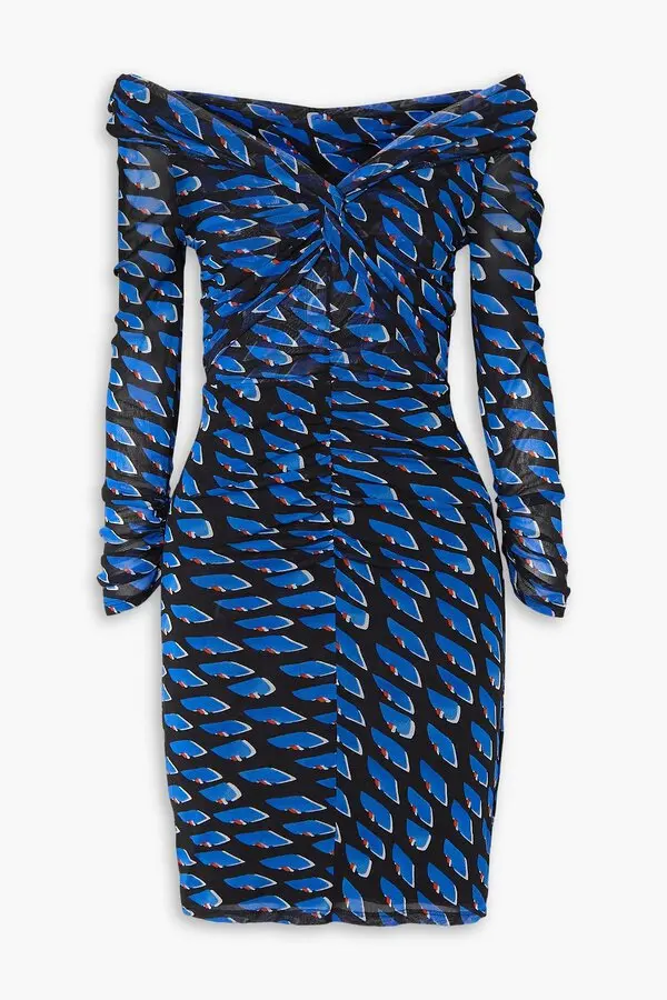 Diane Von Furstenberg Printed Stretch-mesh Off-the-shoulder Mini Dress - Navy
