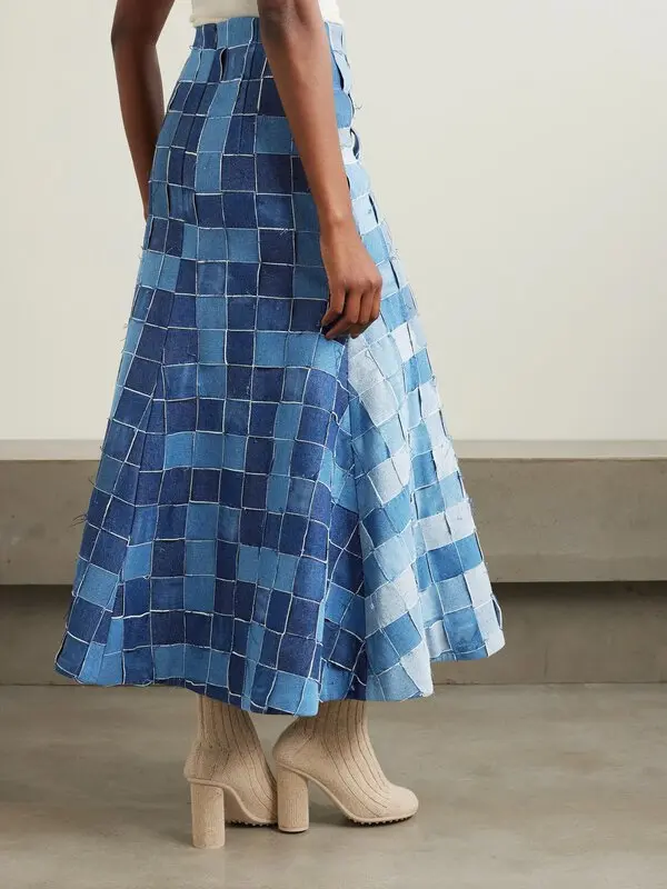 A.W.A.K.E. Mode Patchwork Upcycled Denim Maxi Skirt