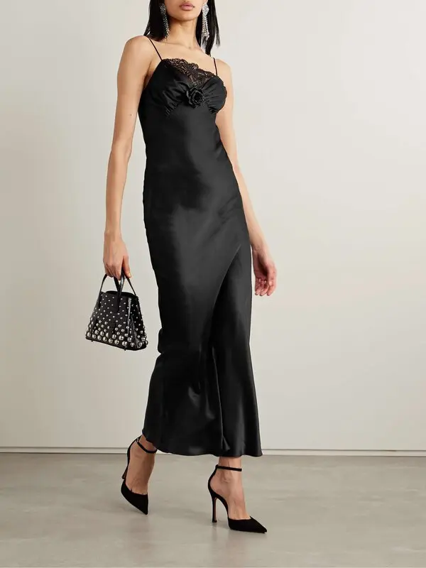 Rodarte Floral-AppliquéD Lace-Trimmed Silk-Satin Gown - Black - 70% Off