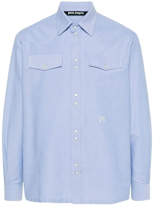 Palm Angels Monogram-embroidered Cotton Shirt - Blue