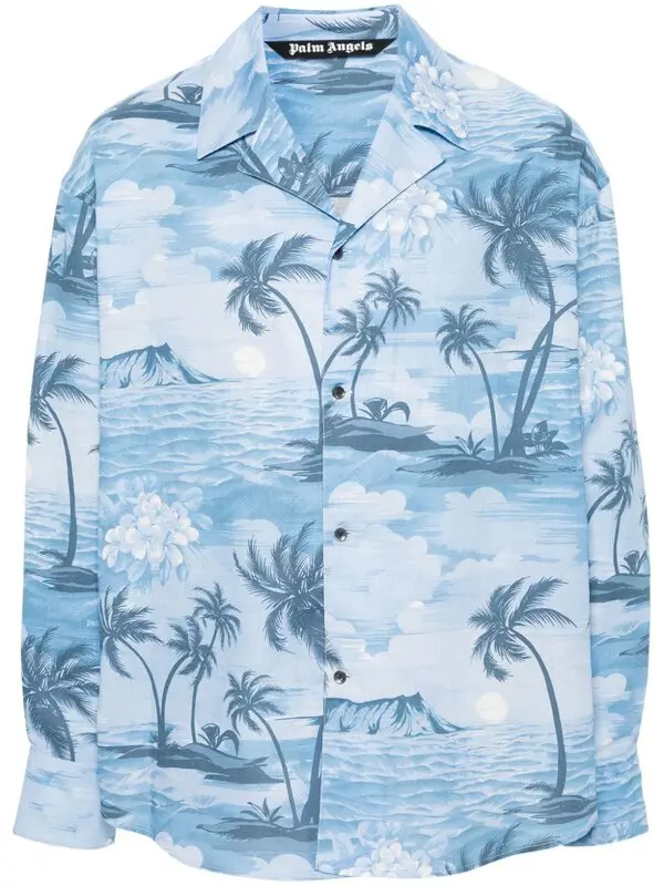 Palm Angels Sunset-print Bowling Shirt - Blue