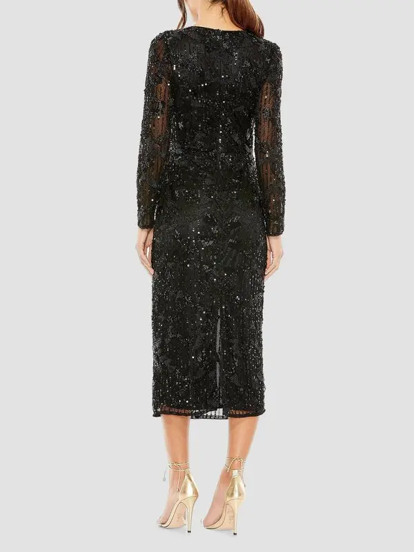 Mac Duggal Beaded Long-sleeve Midi-dress