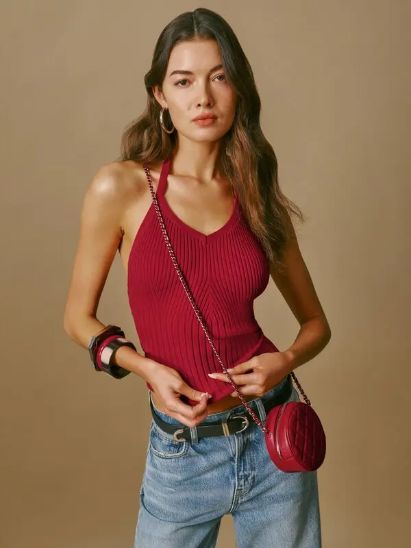 REFORMATION Delia Ribbed Halter Top - Red
