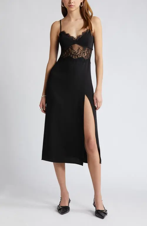 black lace trim slip dress Satin Slip Midi Dress with Lace Trim - Black main image 1