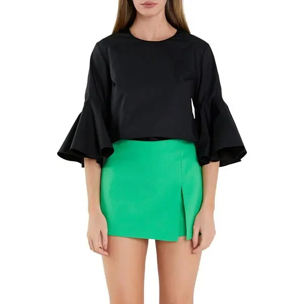 English Factory Bell Sleeve Cotton Top - Black