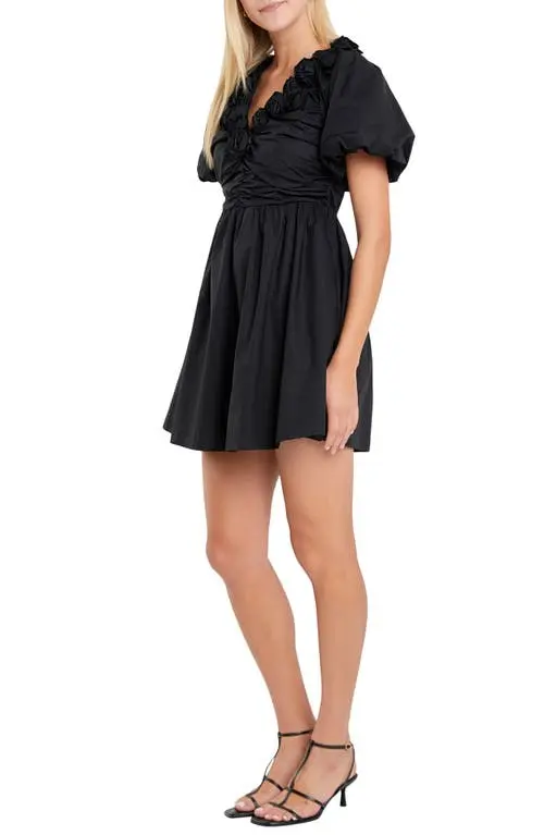 English Factory Rosette Neckline Puff Sleeve Flare Mini Dress