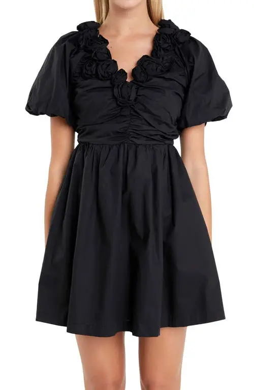 English Factory Rosette Neckline Puff Sleeve Flare Mini Dress