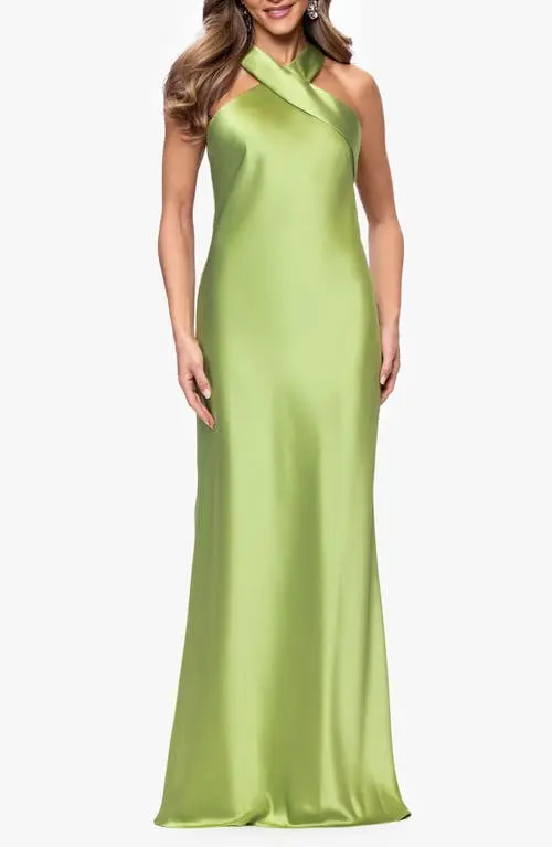 XSCAPE EVENINGS Halter Neck Satin Gown - Lime