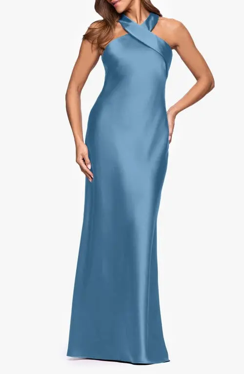 XSCAPE EVENINGS Halter Neck Satin Gown - Slate