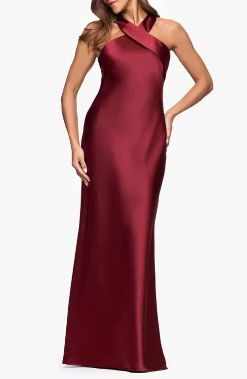 XSCAPE EVENINGS Halter Neck Satin Gown - Wine