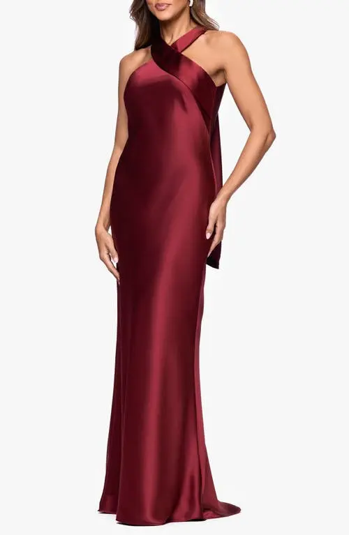 XSCAPE EVENINGS Halter Neck Satin Gown - Wine