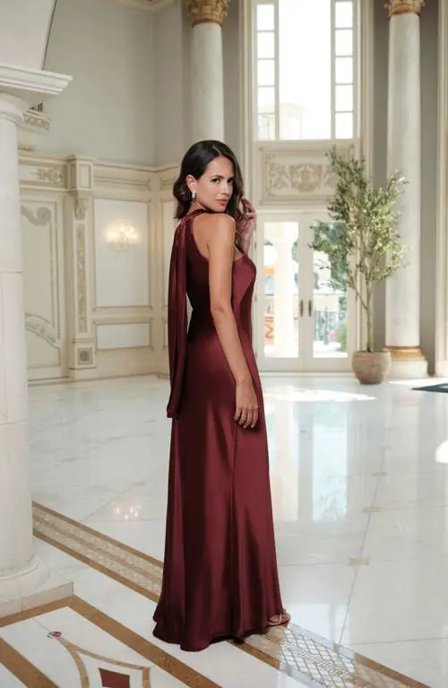 XSCAPE EVENINGS Halter Neck Satin Gown - Wine
