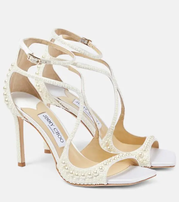 JIMMY CHOO Bridal Azia Embellished Leather Sandals - White