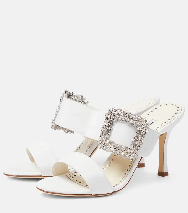 Manolo Blahnik Gable Jewel Crêpe De Chine Mules - White