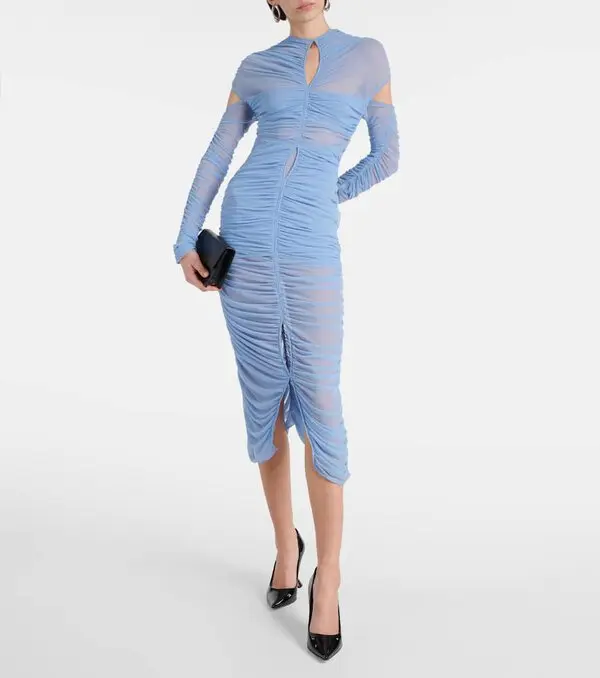 MUGLER Draped Cutout Mesh Midi Dress