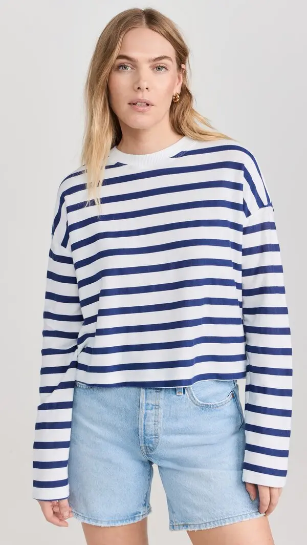 ASKK NY Printed Cropped Long Sleeve Top - Thin Navy Stripe