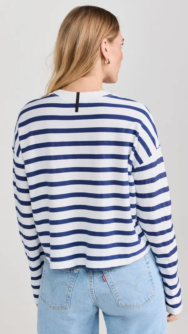 ASKK NY Printed Cropped Long Sleeve Top - Thin Navy Stripe