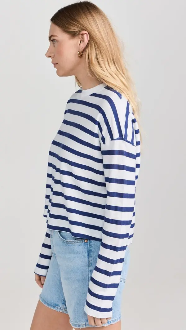 ASKK NY Printed Cropped Long Sleeve Top - Thin Navy Stripe