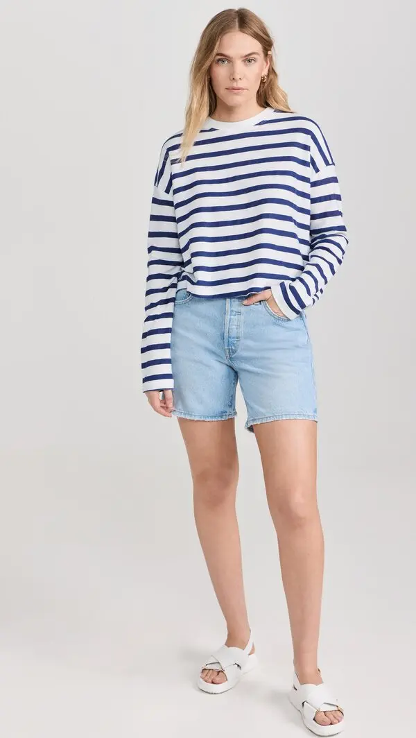 ASKK NY Printed Cropped Long Sleeve Top - Thin Navy Stripe
