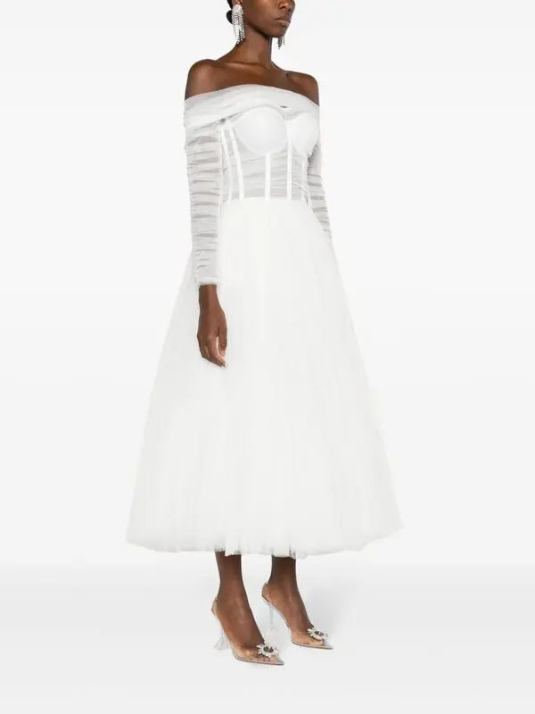 strapless corset tulle midi dress in white White Midi Corset Dress: Fit & Flare Sweetheart Neckline