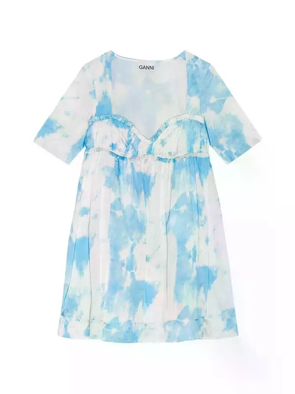 GANNI Graphic-print Satin Mini Dress - Blue