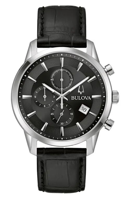 Bulova Sutton Leather Strap Chronograph Watch - Silverone