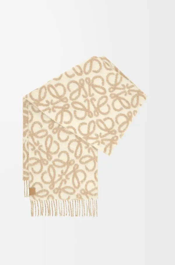 Loewe Anagram Scarf In Alpaca And Wool Blend - Beige/white