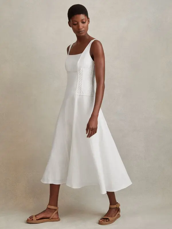 REISS Etta Linen Corset Midi Dress