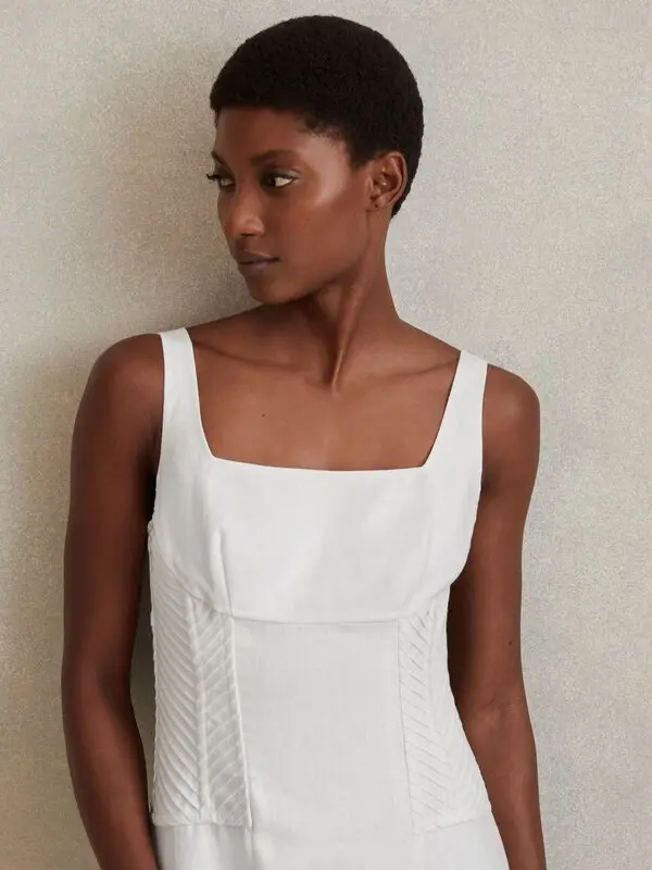 REISS Etta Linen Corset Midi Dress