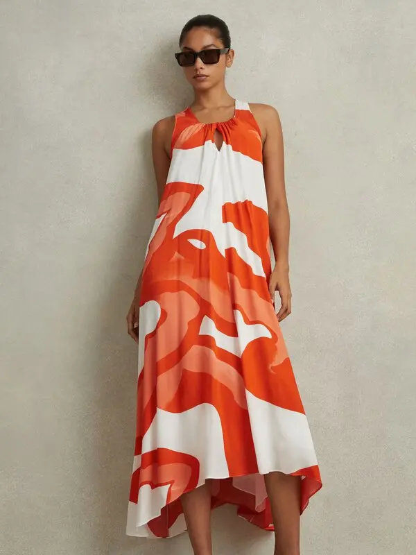 REISS Avia Printed Midi Dress - Orange/white