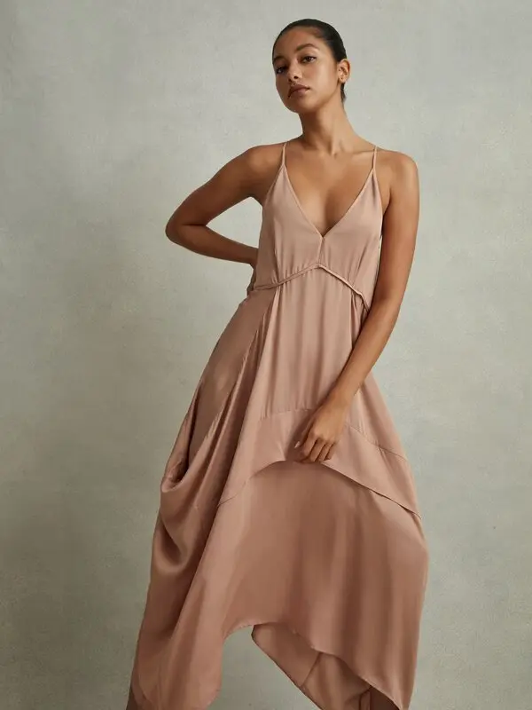 REISS Demi Viscose Asymmetric Midi Dress