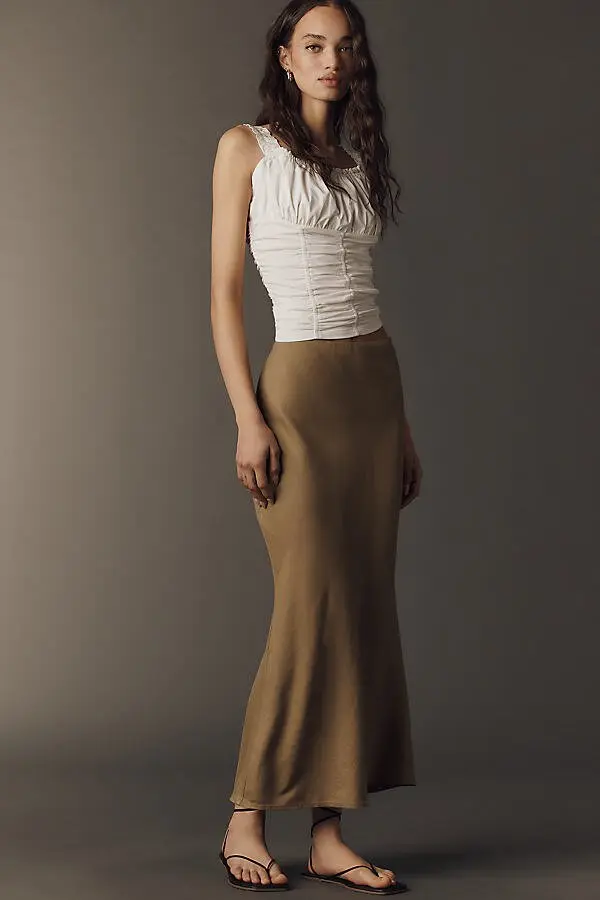 Anthropologie Tilda Maxi Slip Skirt: Linen Edition - Toasted Olive