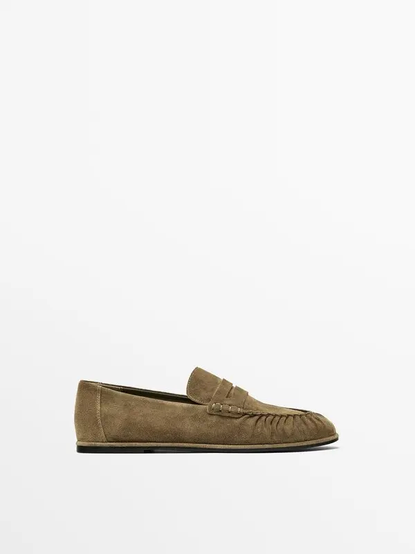 Massimo Dutti Gathered Split Leather Loafer - Taupe  display picture 1