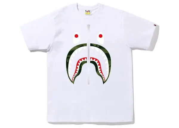 A BATHING APE Color Camo Silver Zip Shark T-shirt - White Green