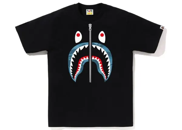 A BATHING APE Honeycomb Camo Shark Tee Shirt - Black/blue