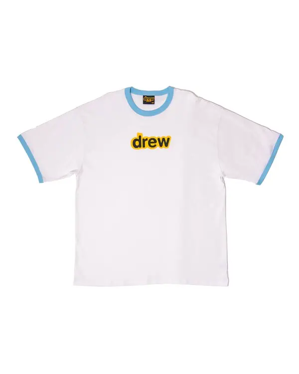 Drew House Oversized Secret Short Sleeve Ringer Tee Shirt - White/sea Blue