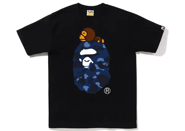 A BATHING APE Camo Milo On Big Ape Tee Shirt - Black Navy Blue
