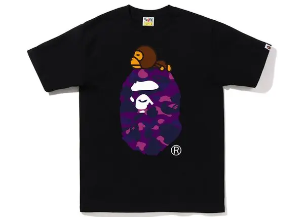 A BATHING APE Camo Milo On Big Ape Tee Shirt - Black Purple