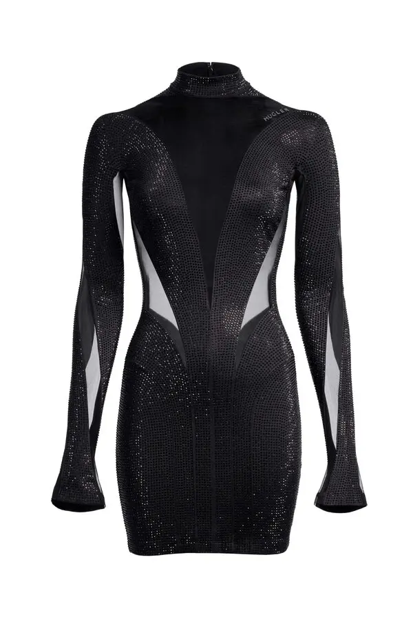 Mugler Spiral Panel Rhinestone Mini Dress In Black | Editorialist