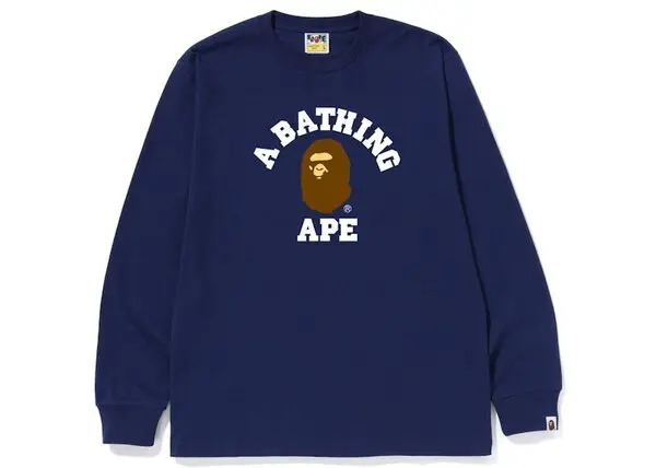 A BATHING APE College Long Sleeve Tee Shirt - Navy Blue