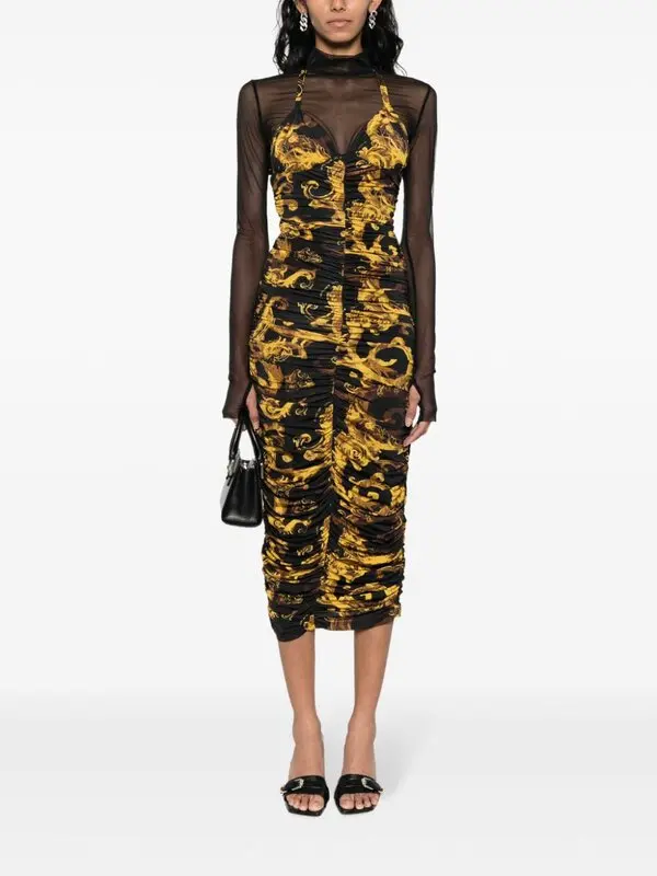 Versace Barocco-print Ruched Midi Dress