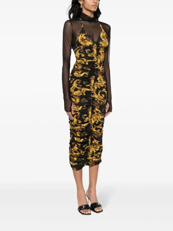 Versace Barocco-print Ruched Midi Dress