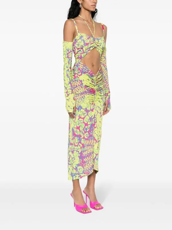 Versace Abstract-print Off-shoulder Midi Dress