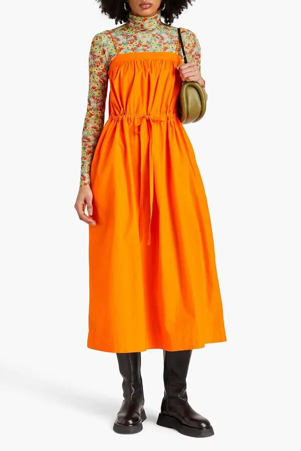 GANNI Gathered Cotton Poplin Midi Dress