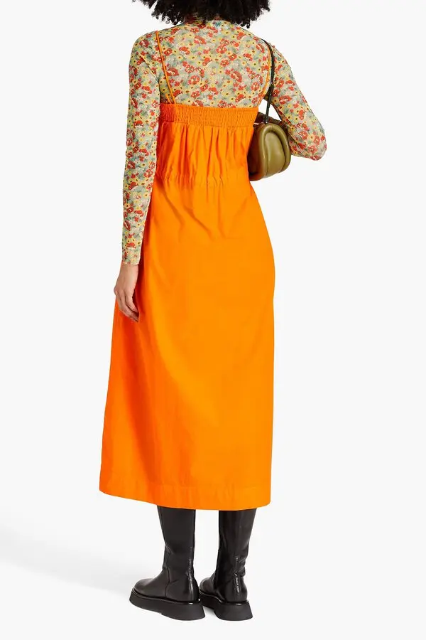 GANNI Gathered Cotton Poplin Midi Dress