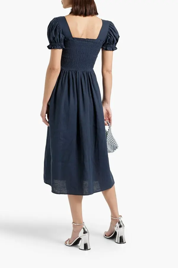 Sleeper Belle Shirred Linen Midi Dress In Navy - 50% Off | Editorialist