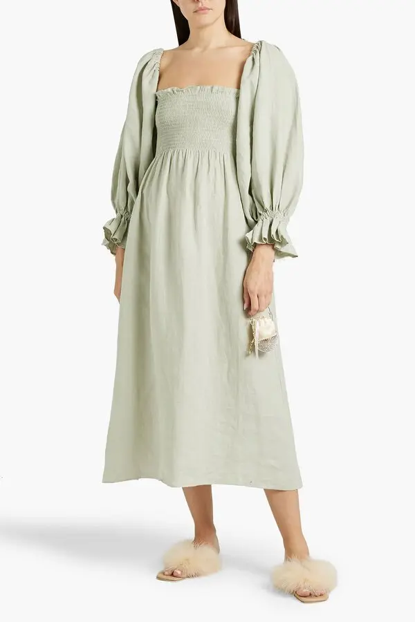 Sleeper Atlanta Off-The-Shoulder Shirred Linen Midi Dress In Sage Green -  50% Off | Editorialist