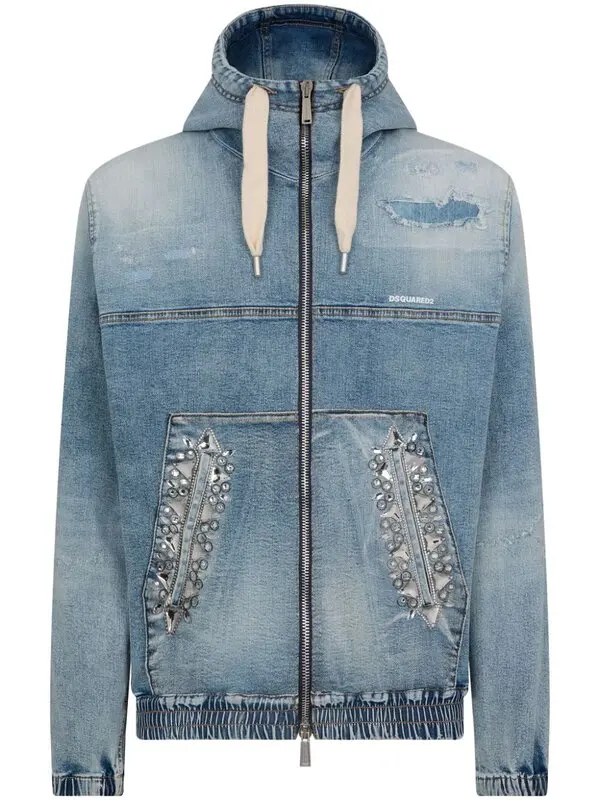 Dsquared2 Crystal-embellished Hooded Denim Bomber Jacket - Blue