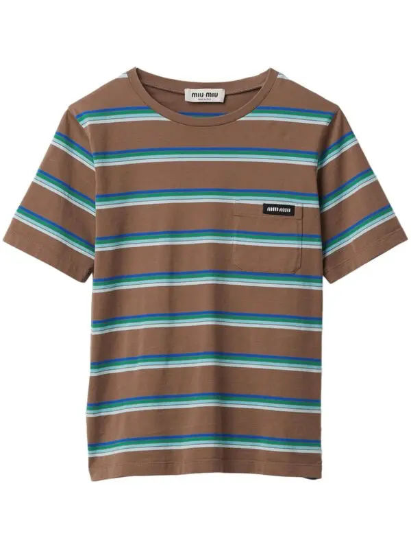 Miu Miu Logo-patch Striped T-shirt - Brown