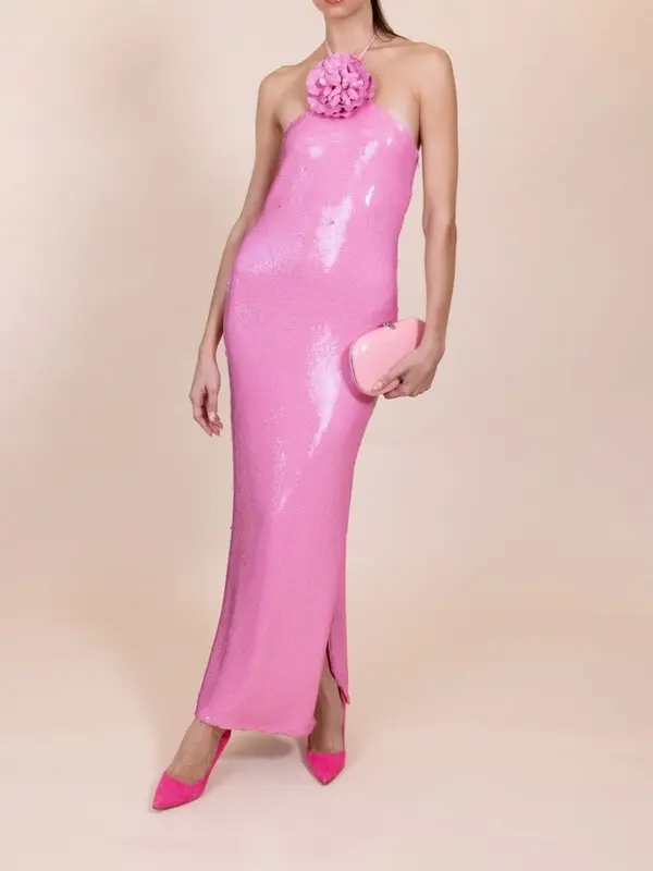 RODARTE Floral-appliqué Sequined Gown - Pink